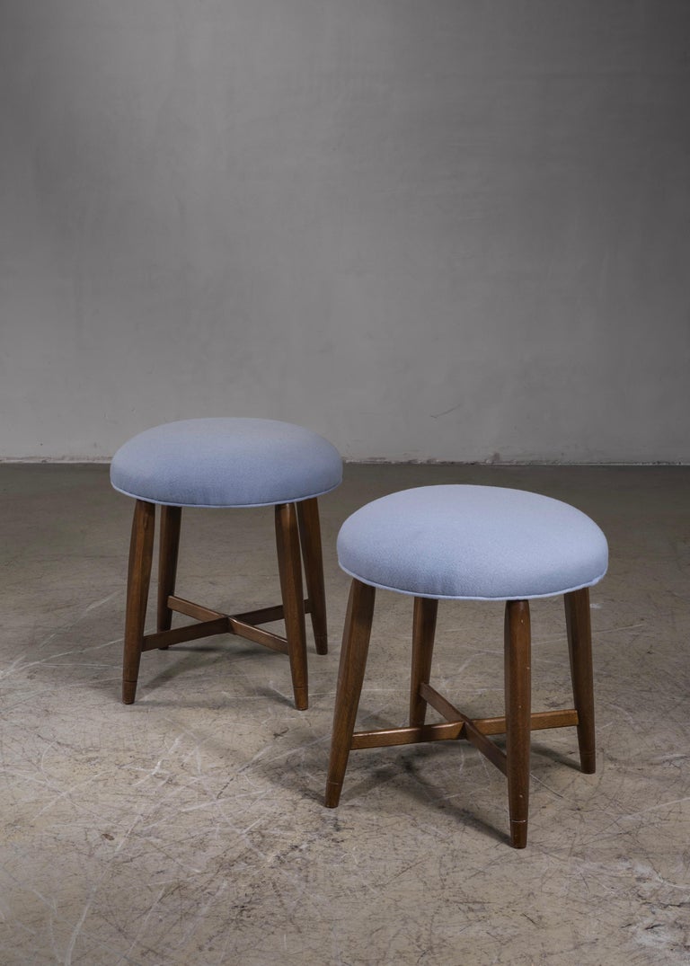 Pair of Swedish Stools with Cross-Frame and Blue Wool Upholstery, 1940s ...
