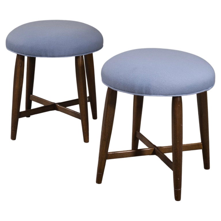 Pair of Swedish Stools with Cross-Frame and Blue Wool Upholstery, 1940s ...