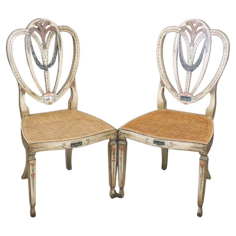Pair of Sweetheart Back Cane Paint Decorated Adams Side Chairs Circa ...