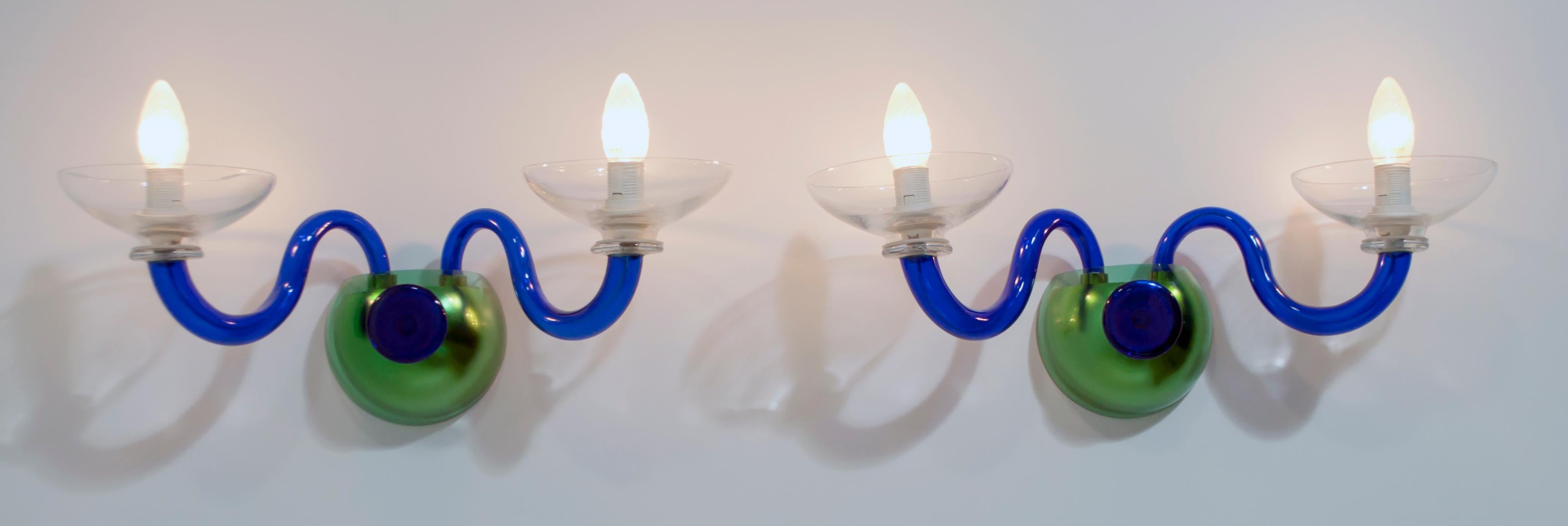 Pair of Sylcom Brass and Murano Glass Italian Sconces, 1987 at 1stDibs