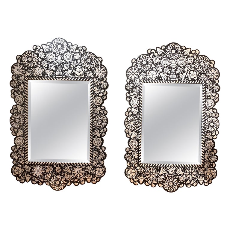 Pair of Antique Ebony and Mother of Pearl Inlaid Mirrors at 1stDibs