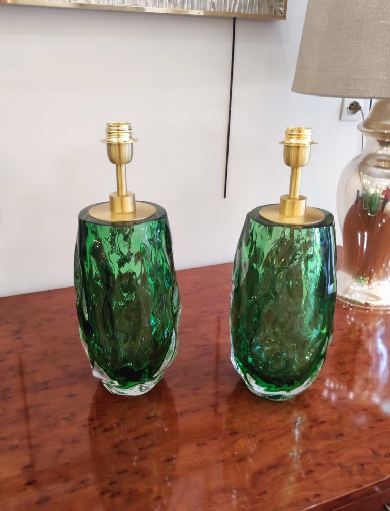 Pair of Table Lamps in Green Murano Glass For Sale at 1stDibs
