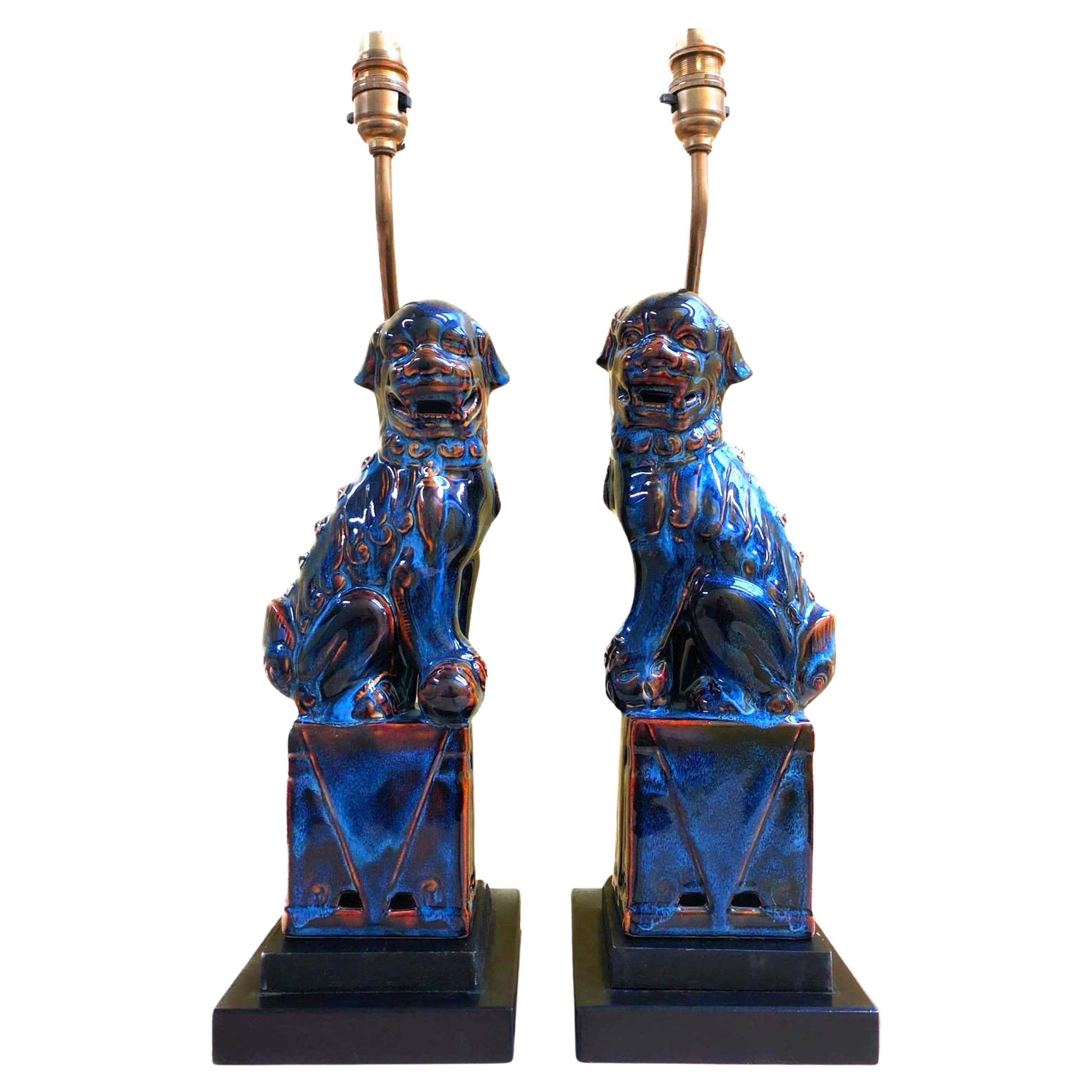 Pair of Table Lamps with Chinese Ceramic Flambe Glazed Foo Dogs or ...