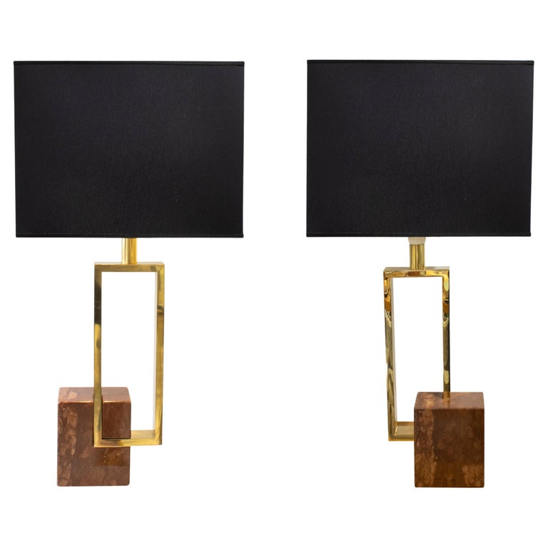 Pair of Table Lamps with Marble Cube Base and Brass structure, Italy ...