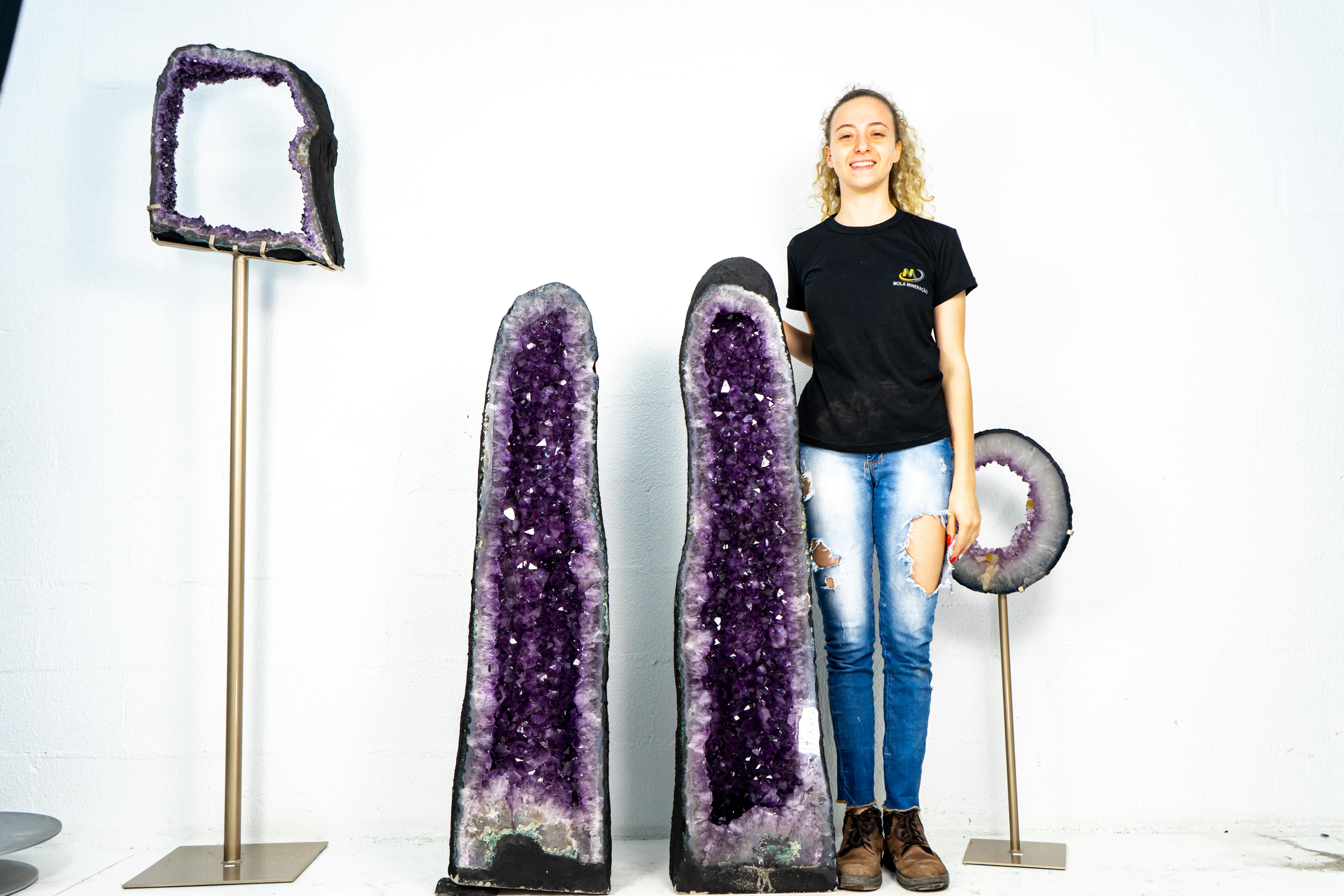Pair of Tall Amethyst Cathedral Geodes with Deep Purple AAA Amethyst Druzy For Sale at 1stDibs