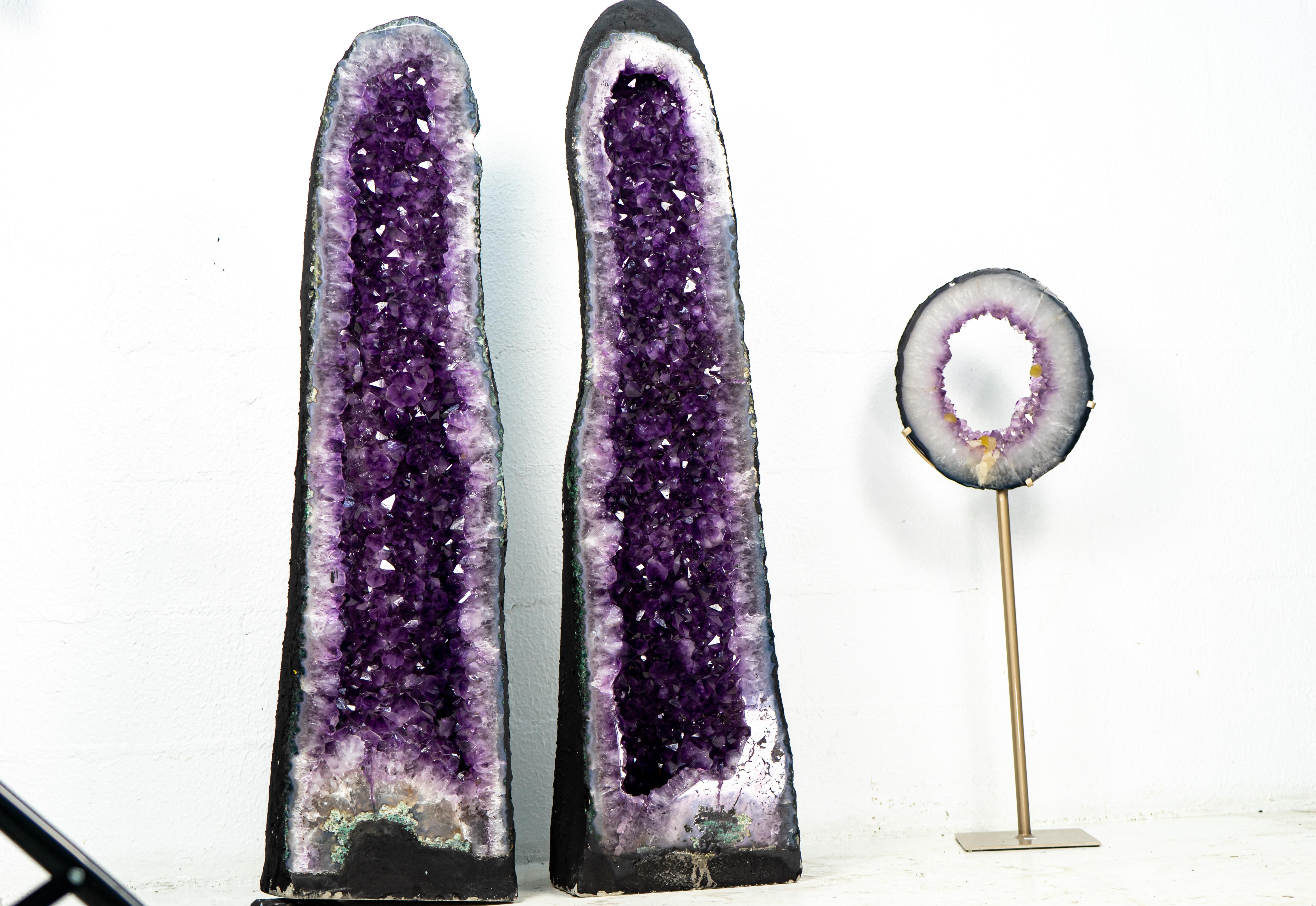 Pair of Tall Amethyst Cathedral Geodes with Deep Purple AAA Amethyst Druzy For Sale at 1stDibs