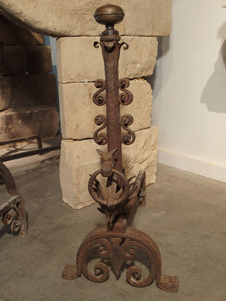 Pair of Tall Antique Forged Andirons from Antwerp, Belgium, circa 1870 ...