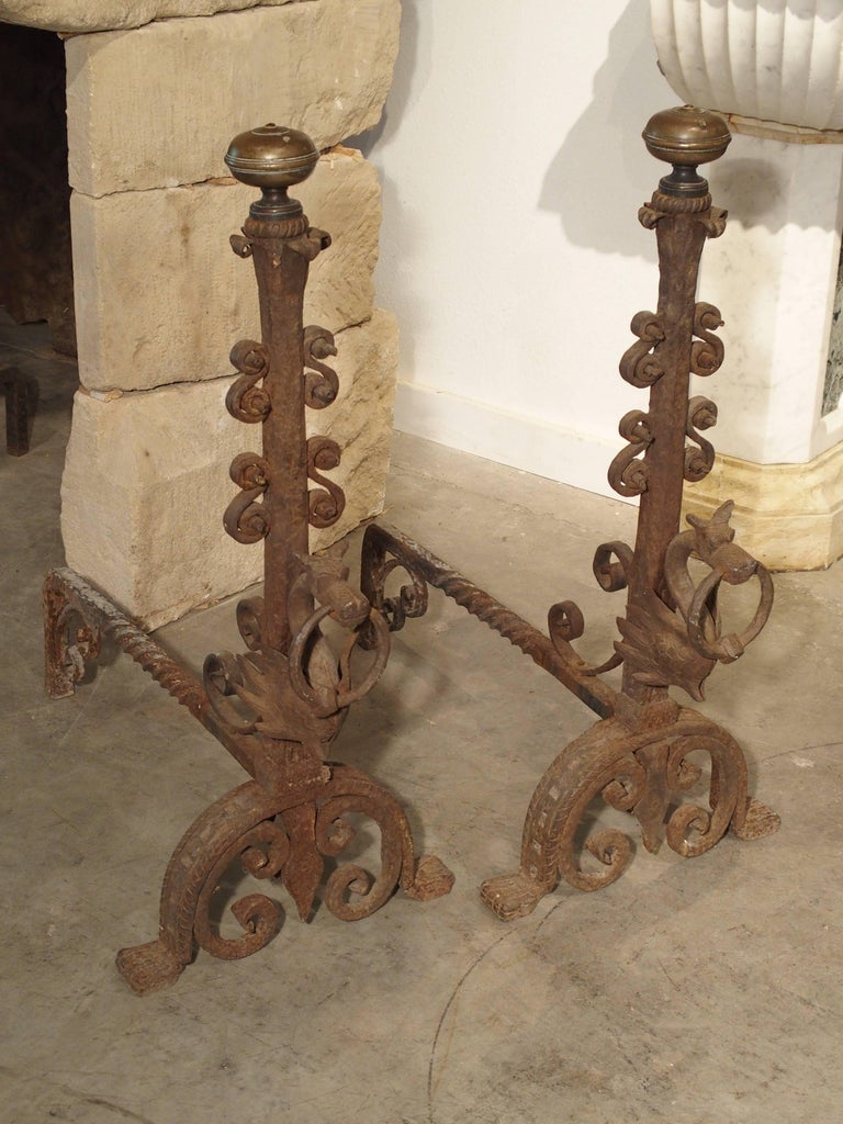 Pair of Tall Antique Forged Andirons from Antwerp, Belgium, circa 1870 ...