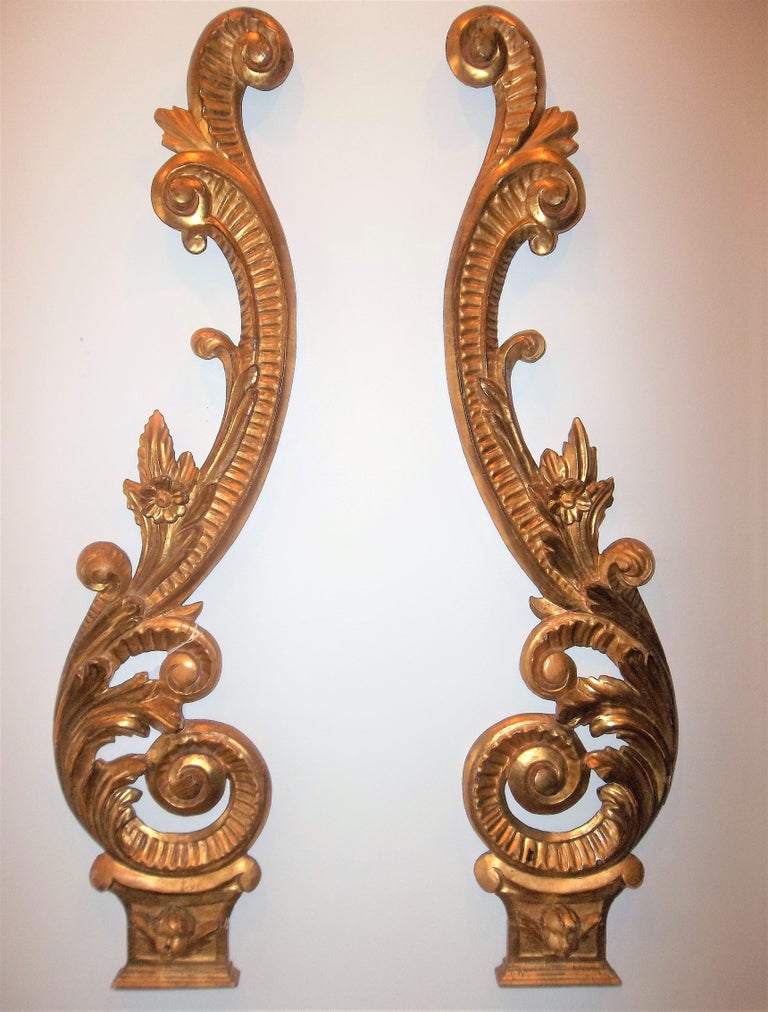 Pair of Tall Carved Louis XV Style Giltwood Boiserie Scrolls or Wall ...