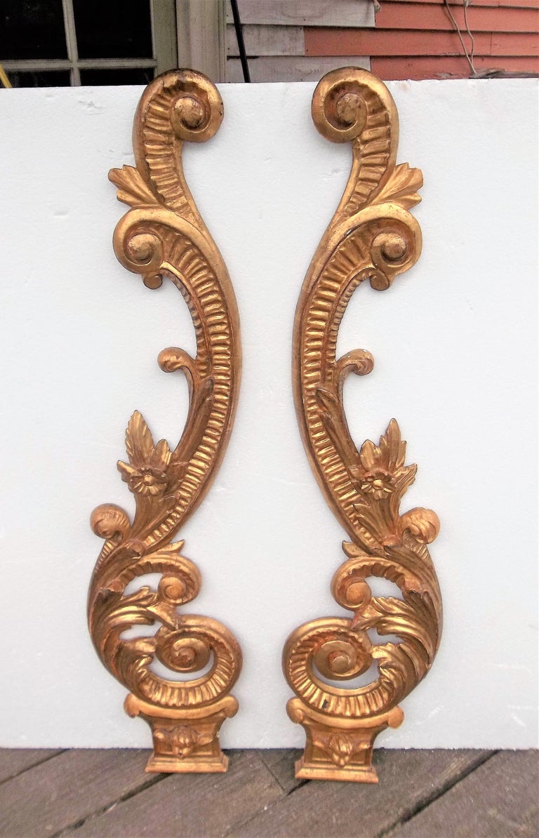 Pair of Tall Carved Louis XV Style Giltwood Boiserie Scrolls or Wall ...