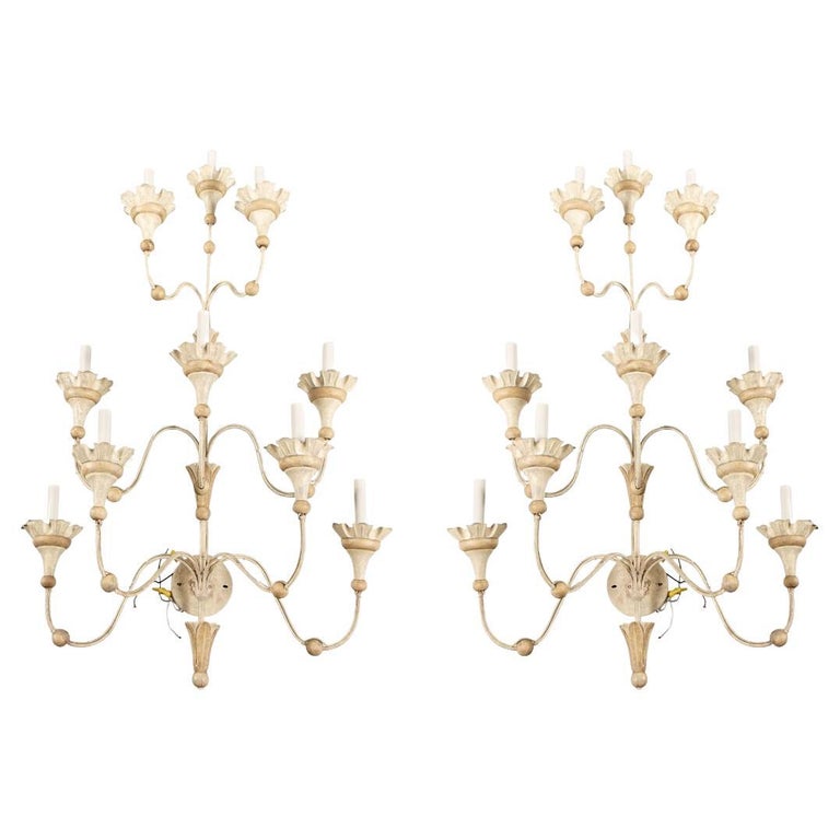 Pair of Tall Carved Wood and Tole Tiered Sconces For Sale at 1stDibs