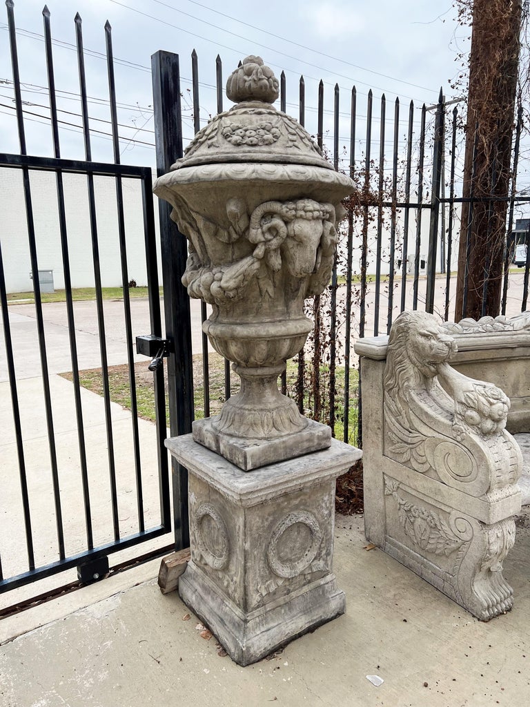 Pair of Tall Cast Garden Urns on Pedestals with Rams Heads and Swags at ...