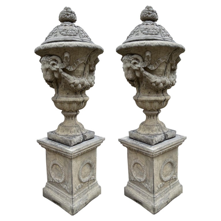Pair of Tall Cast Garden Urns on Pedestals with Rams Heads and Swags at ...