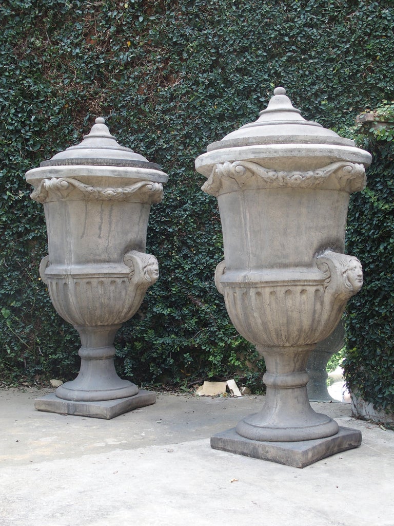 Pair of Tall Cast Stone Lidded Garden Vases from Belgium at 1stDibs