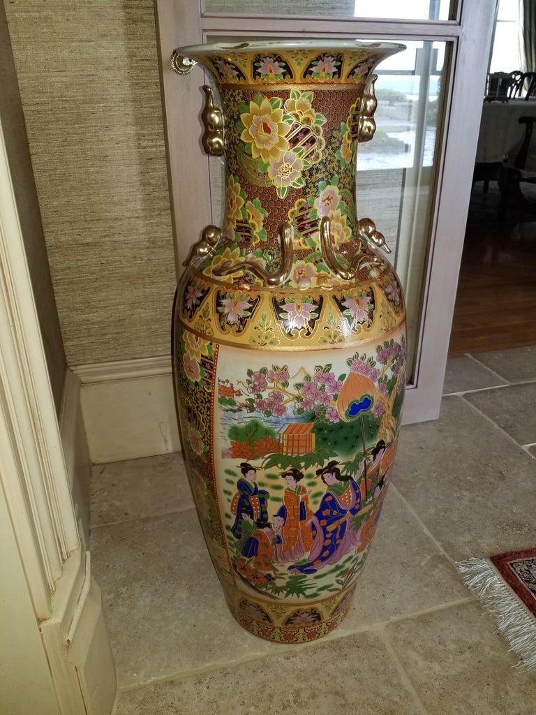 Pair of Tall Chinese Vases with Decorative Scenes, 20th Century at 1stDibs