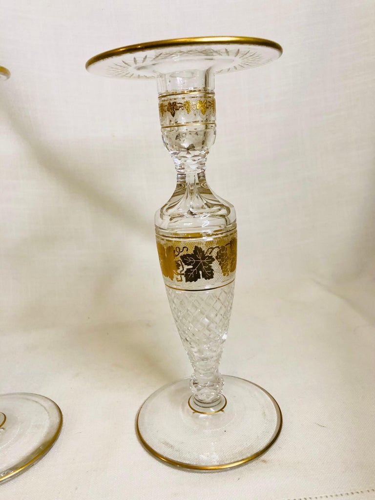 Pair of Tall Cut Val St Lambert Candlesticks with Gilt Decoration of ...