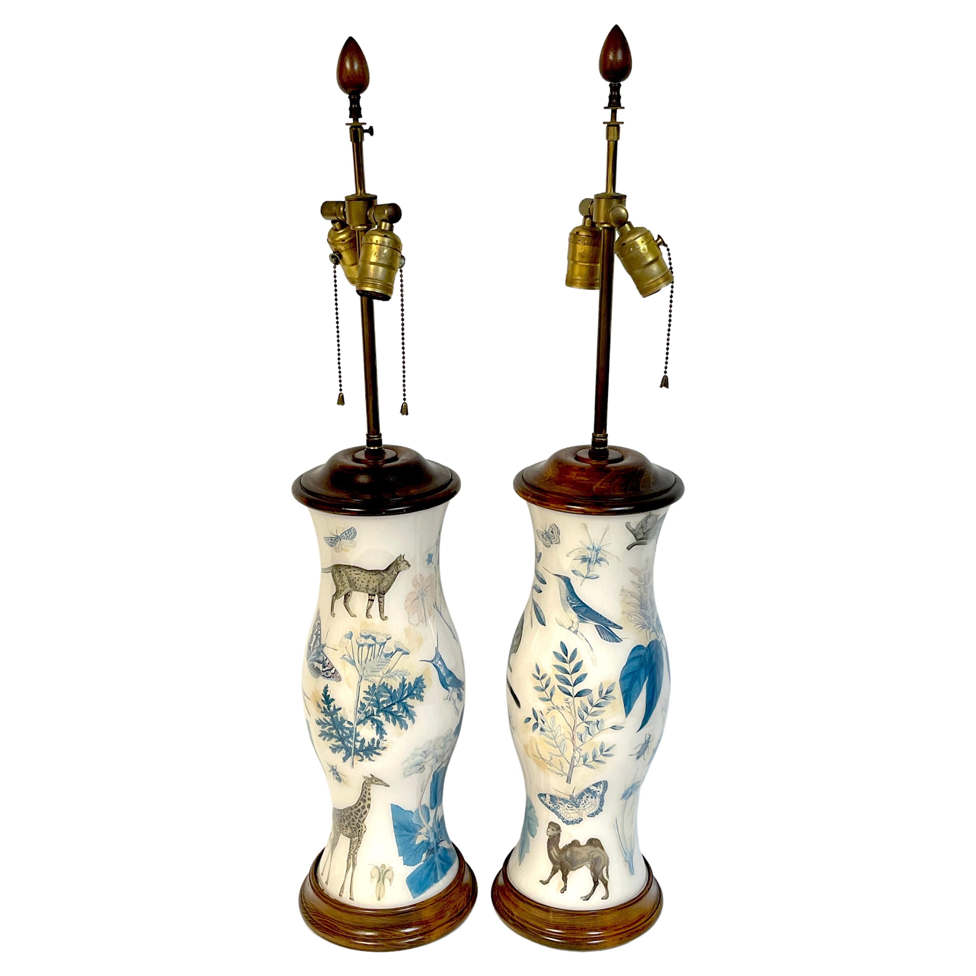 Pair of Tall Exotic Animal Motif English Decoupage Glass Table Lamps at ...
