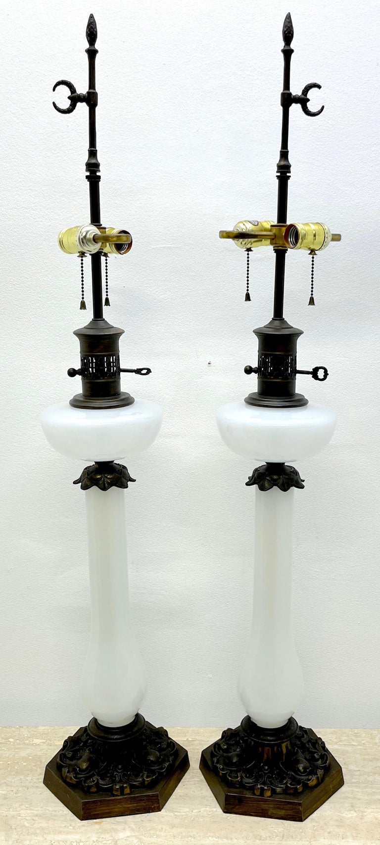 Pair of Tall French Neoclassical Opaline Oil Lamps, Now Electrified For ...