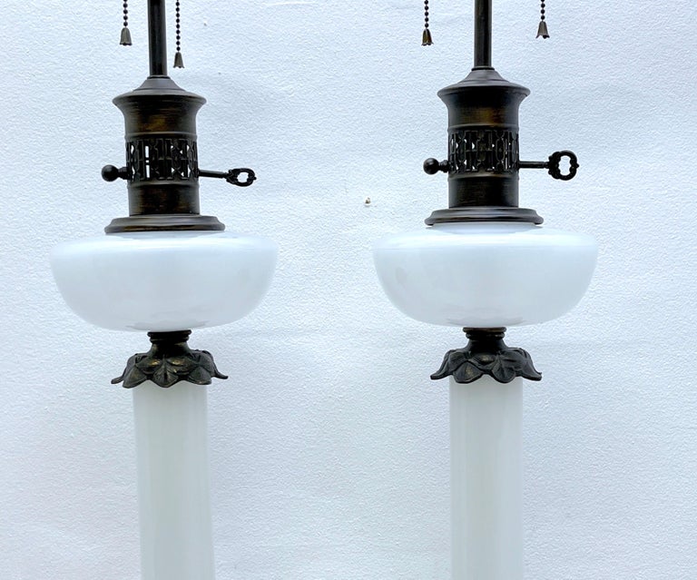 Pair of Tall French Neoclassical Opaline Oil Lamps, Now Electrified For ...