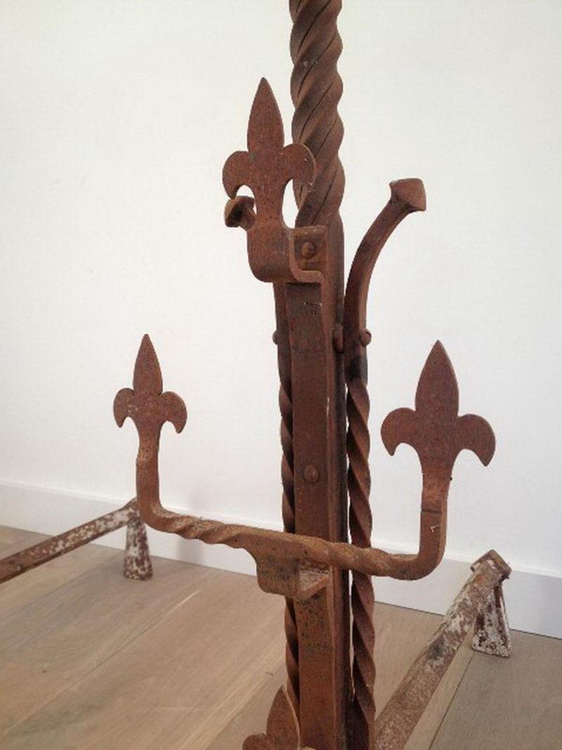 Pair of Tall Gothic Style Wrought Iron Andirons, French, circa 1900 For ...
