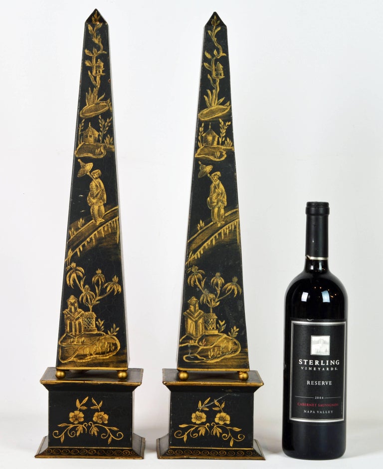 Pair of Tall Late 19th Century English Chinoiserie Painted Obelisk ...