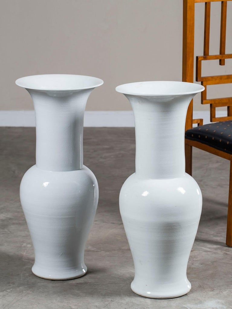 Pair of Tall Modern White Ceramic Handmade Chinese Temple Vases at 1stDibs