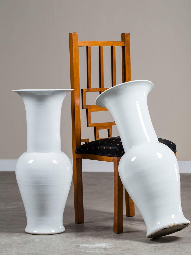 Pair of Tall Modern White Ceramic Handmade Chinese Temple Vases at 1stDibs