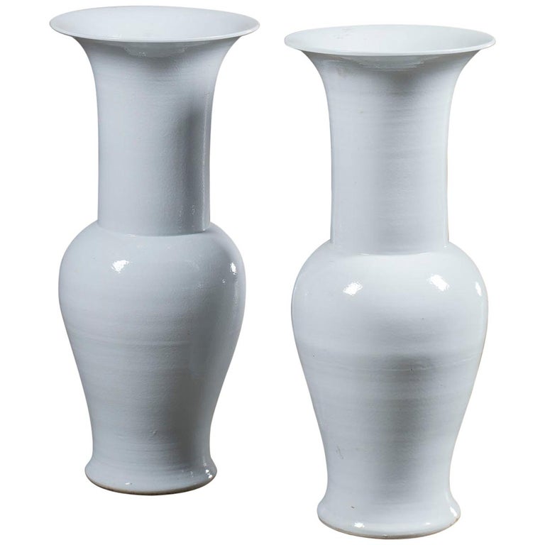 Pair of Tall Modern White Ceramic Handmade Chinese Temple Vases at 1stDibs