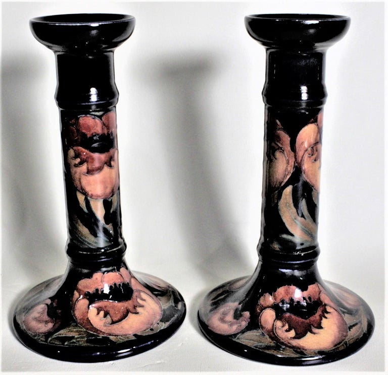 Pair of Tall William Moorcroft Poppy Patterned Art Pottery Candlesticks ...