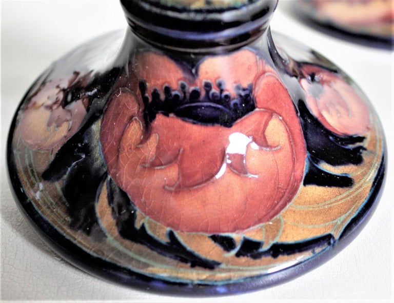 Pair of Tall William Moorcroft Poppy Patterned Art Pottery Candlesticks ...