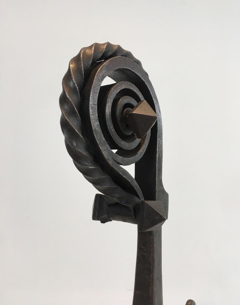 Pair of Tall Wrought Iron Andirons showing a Snail For Sale at 1stDibs