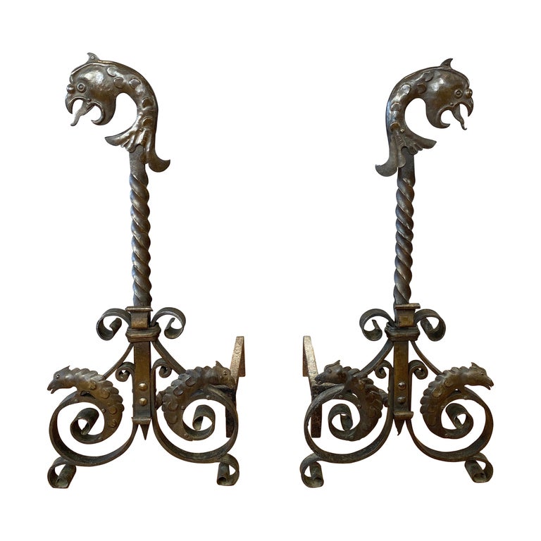 Pair of Tall Wrought Iron Fire Dogs with Parrot and Chameleon Motif ...