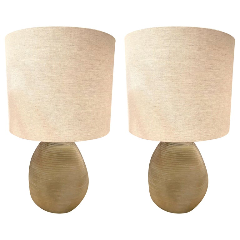 Tan Textured Horizontal Rib Glass Pair of Lamps, Romania, Contemporary ...