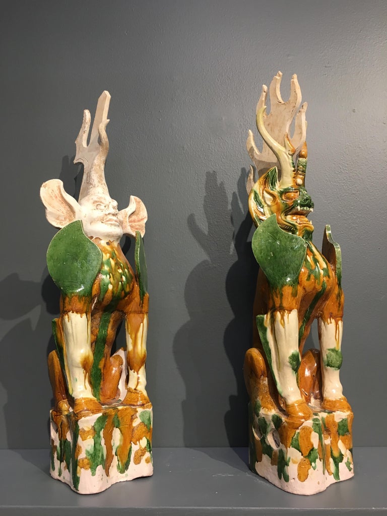 Pair of Tang Dynasty Sancai Glazed Tomb Guardians, Zhenmushou, 7th-8th ...