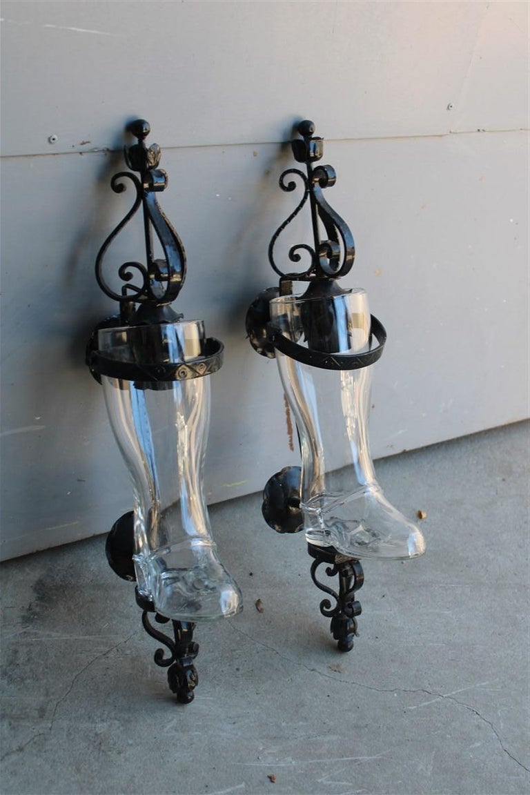 Pair of Tavern Wall Lamps in Black Metal and Glass Boot, 1950, Italy ...