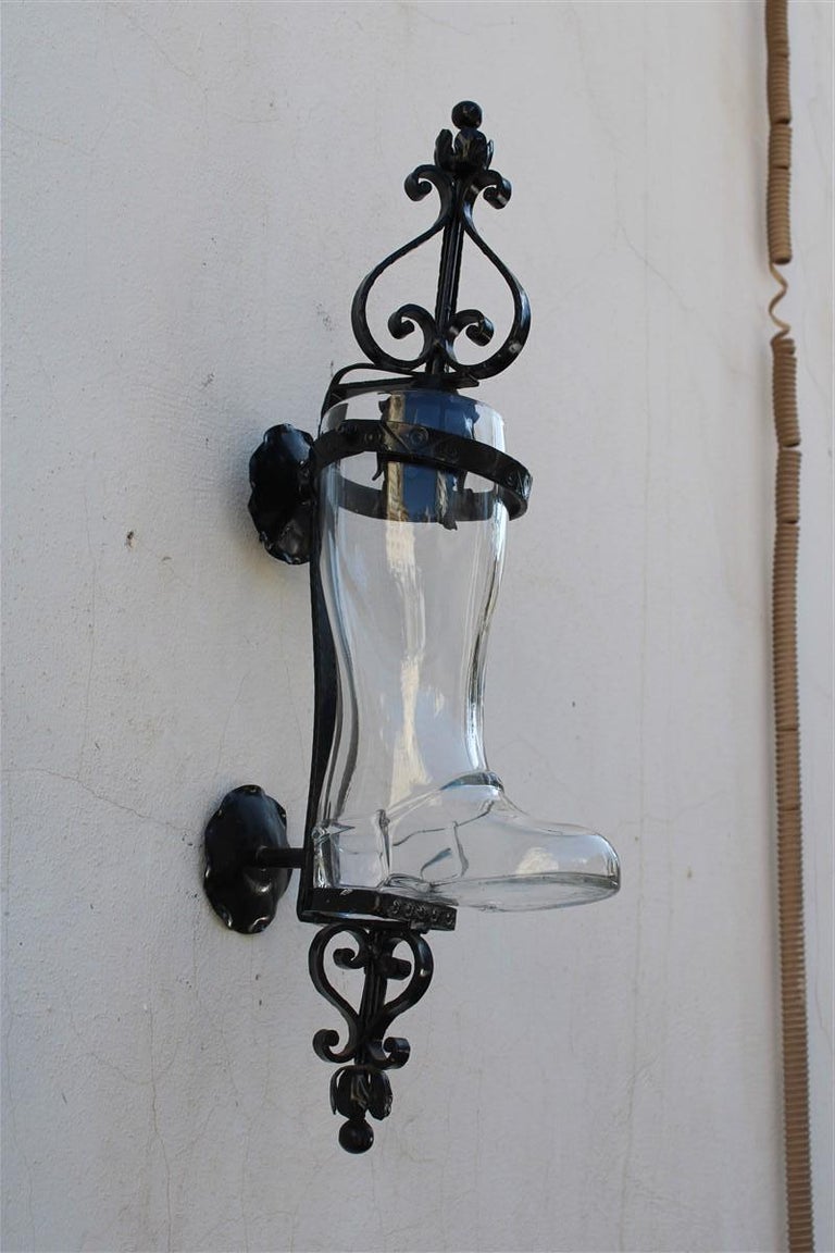 Pair of Tavern Wall Lamps in Black Metal and Glass Boot, 1950, Italy ...