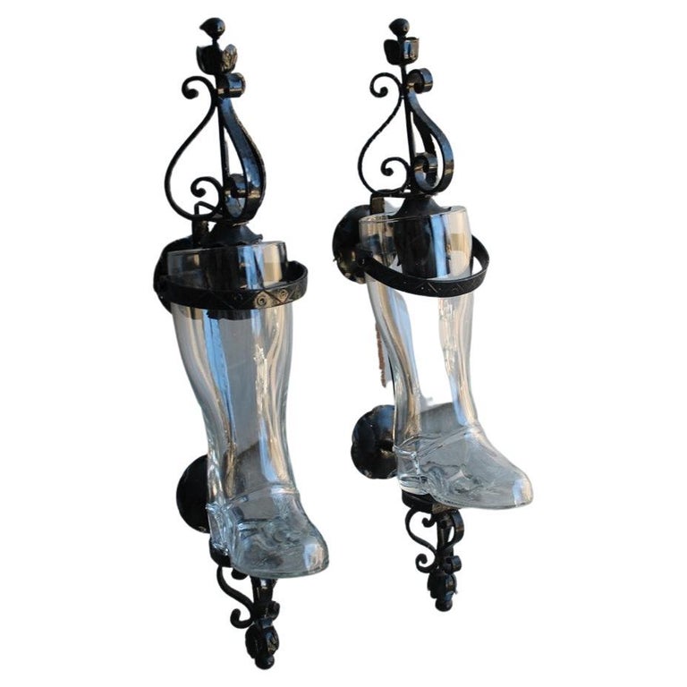 Pair of Tavern Wall Lamps in Black Metal and Glass Boot, 1950, Italy ...
