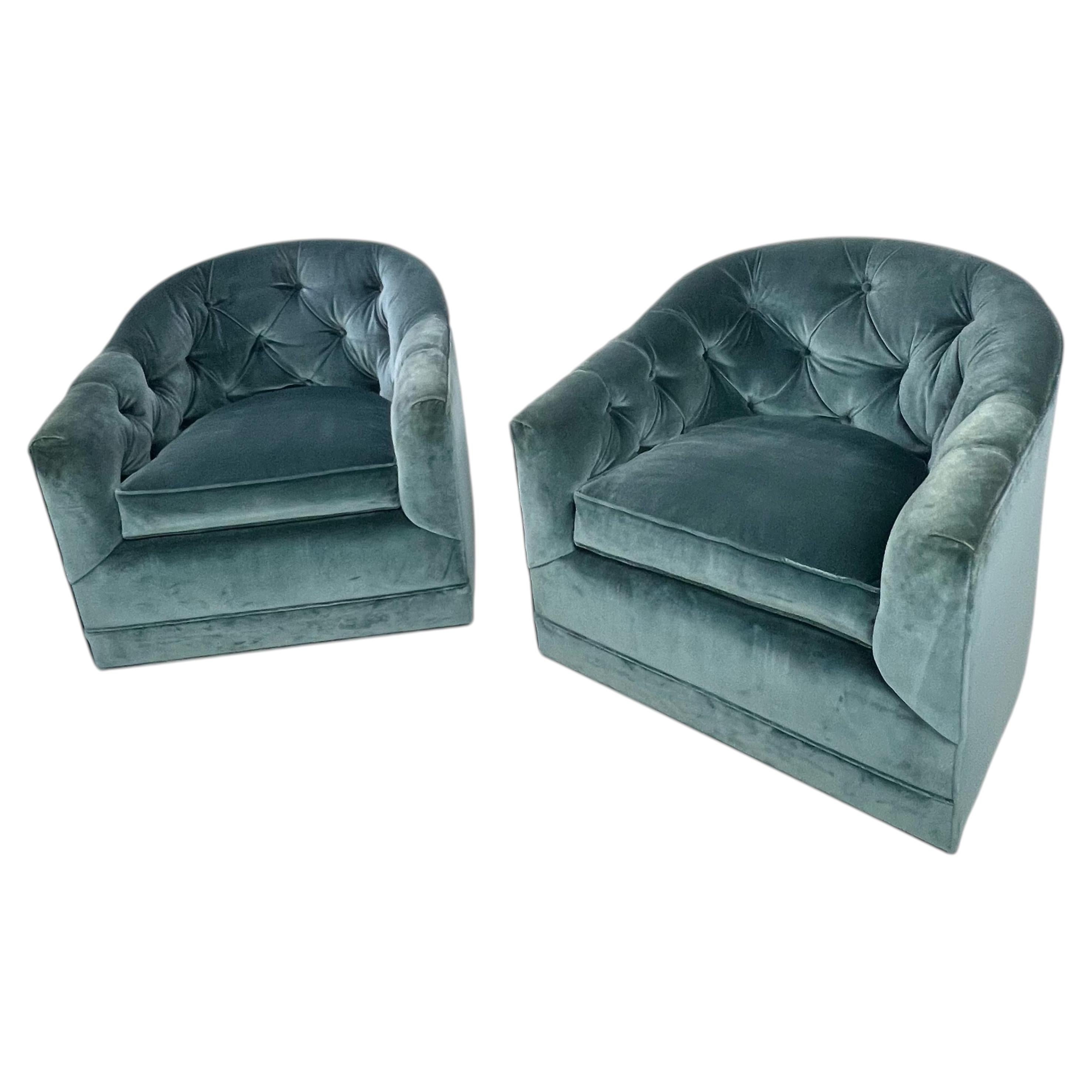 Pair of Teal Velvet Tufted Swivel Chairs For Sale at 1stDibs