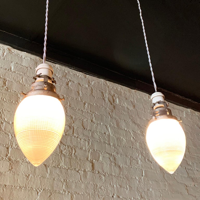 Pair of Teardrop Shape Prismatic Holophane Glass Pendant Lights For ...