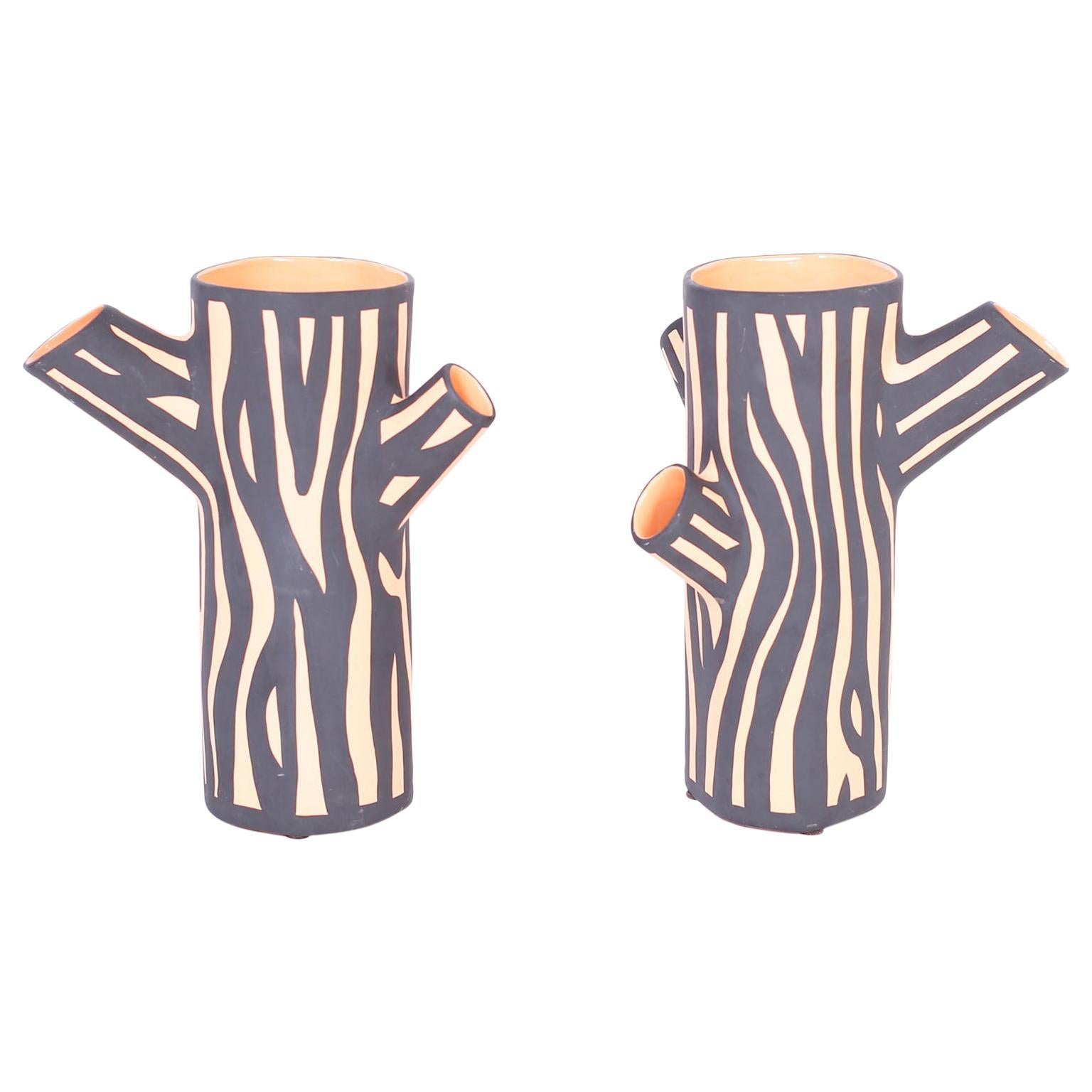 Pair of Terracotta Tree Trunk Form Vases For Sale at 1stDibs