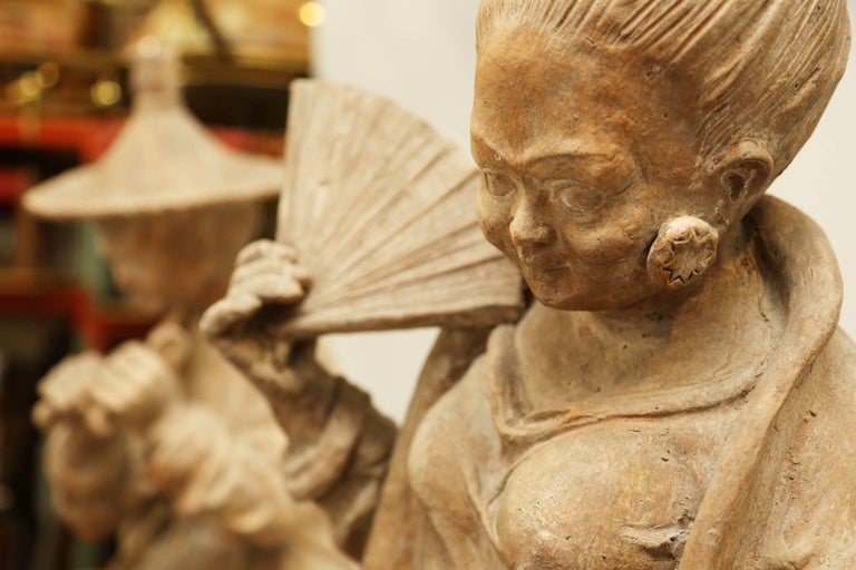 Pair of Terracotta Chinoiserie Figures on Ceramic Columns at 1stDibs