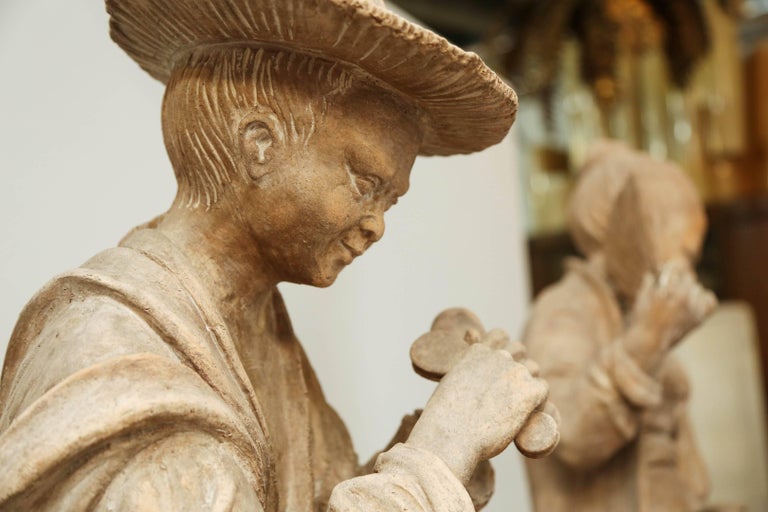 Pair of Terracotta Chinoiserie Figures on Ceramic Columns at 1stDibs