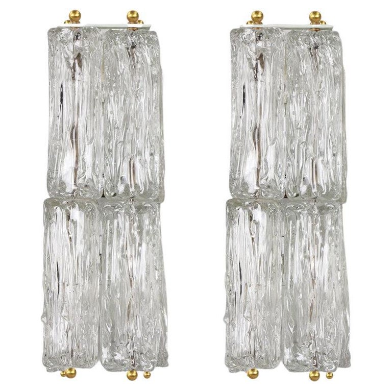 Pair of Thick Textured Glass and Brass Wall Lights by J.T. Kalmar ...