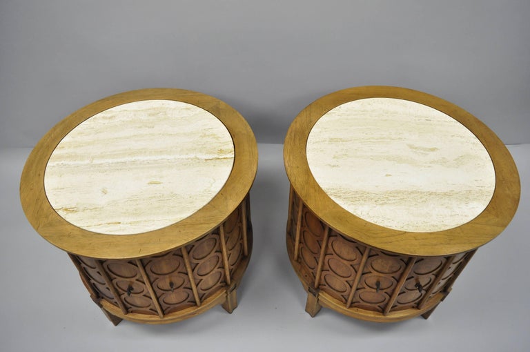 Pair of Thomasville Travertine Top Mid-Century Modern Round Commode End ...