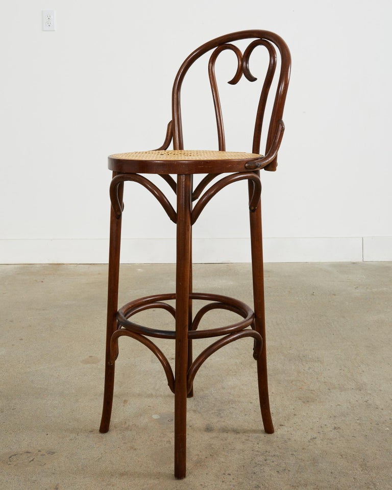 Pair of Thonet Romanian Bentwood Cane Bar Stools For Sale at 1stDibs