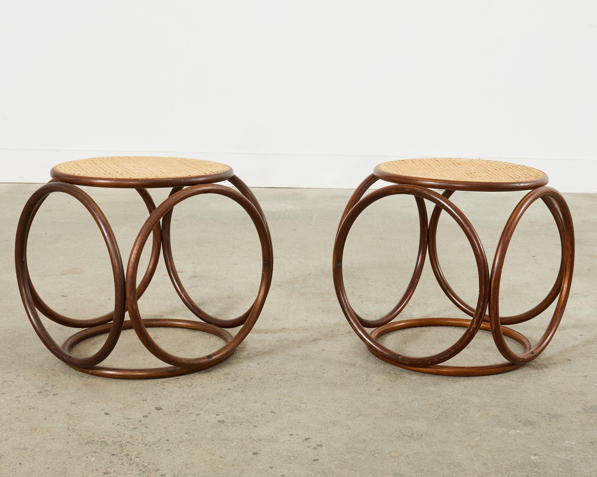 Pair of Thonet Style Bentwood Rattan Cane Drink Table Stools For Sale ...