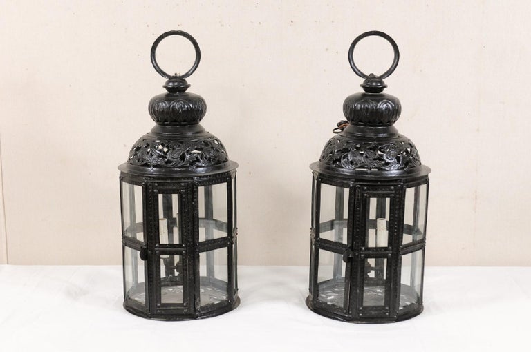 Pair of Three-Light Moroccan-Inspired European Lanterns in Black Color ...