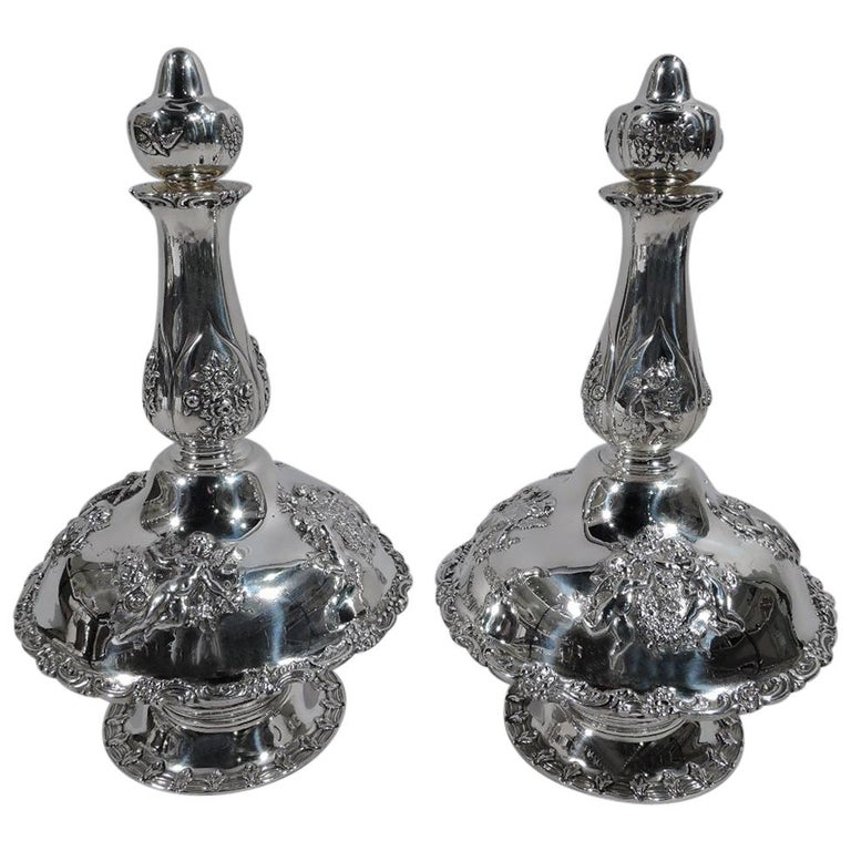Pair of Tiffany Rococo Revival Sterling Silver Liqueur Decanters For ...