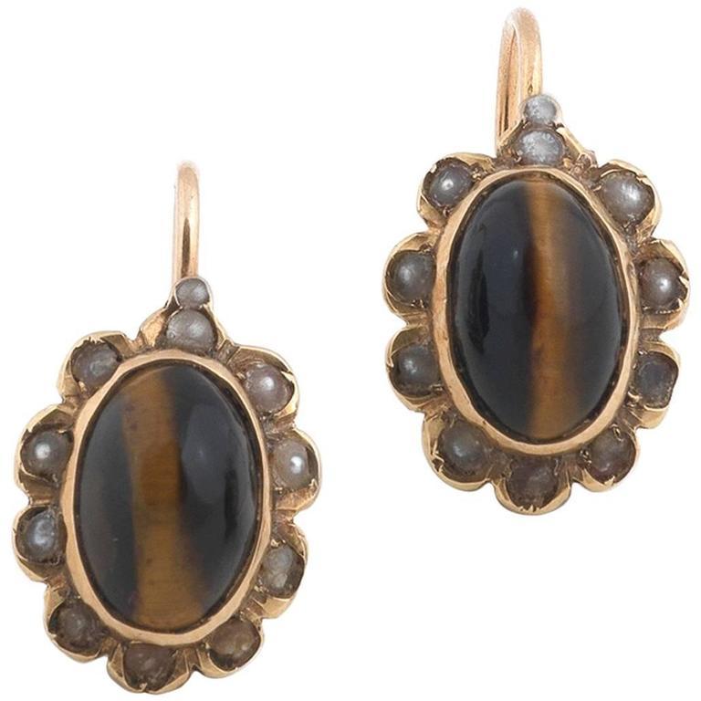 Pair of Tiger Eye Pearl Gold Earrings For Sale at 1stDibs