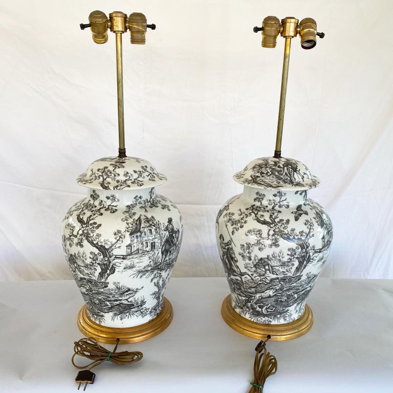 Pair of Toile Ginger Jar Lamps by Porcelaine de Paris For Sale at 1stDibs